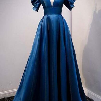 Blue A-line Long Formal Dress With Short Sleeves on Luulla