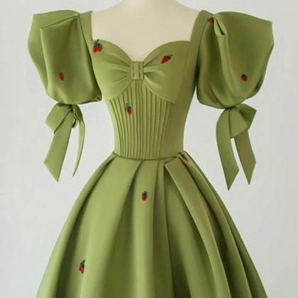 Cute Strawberry Short Sleeve Long Prom Dress Green Evening Gown With ...