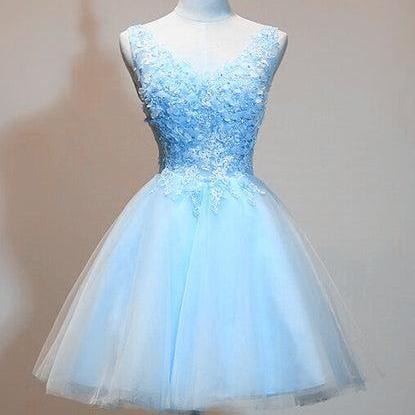 Light Blue Tulle Short Party Dress With Lace Applique, V-neckline ...