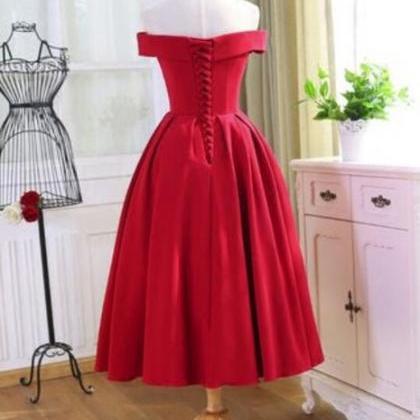 Red Tea Length Vintage Style Wedding Party Dress, Off Shoulder Formal ...