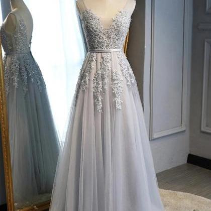 Gray Tulle With Lace Long Prom Dresses, A-line Floor Length Gray ...