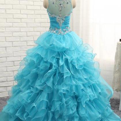 Blue Organza Sweetheart Quinceanera Dresses,long Crystal Ruffles Prom Gowns M231 on Luulla