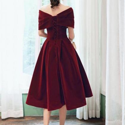 Wine Red Velvet Tea Length Homecoming Dress, Dark Red Party Dresses N07 ...