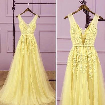 Beautiful Light Yellow Tulle Long Party Dress, A-line Prom Dress ...