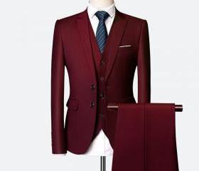 Wine Red Wedding Formal Bridegroom Tuxedo Men Suits 3 Pcs Business ...