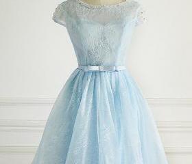 Light Blue Lace Cap Sleeves Cute Short Party Dress, Blue Homecoming ...