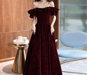 Dark Red Velvet Off Shoulder Party Dress, A-line Velvet Long Formal ...