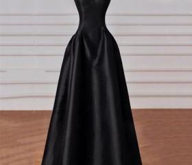 Black A-line Straps Satin Long Party Dress Long Prom Dress Evening ...