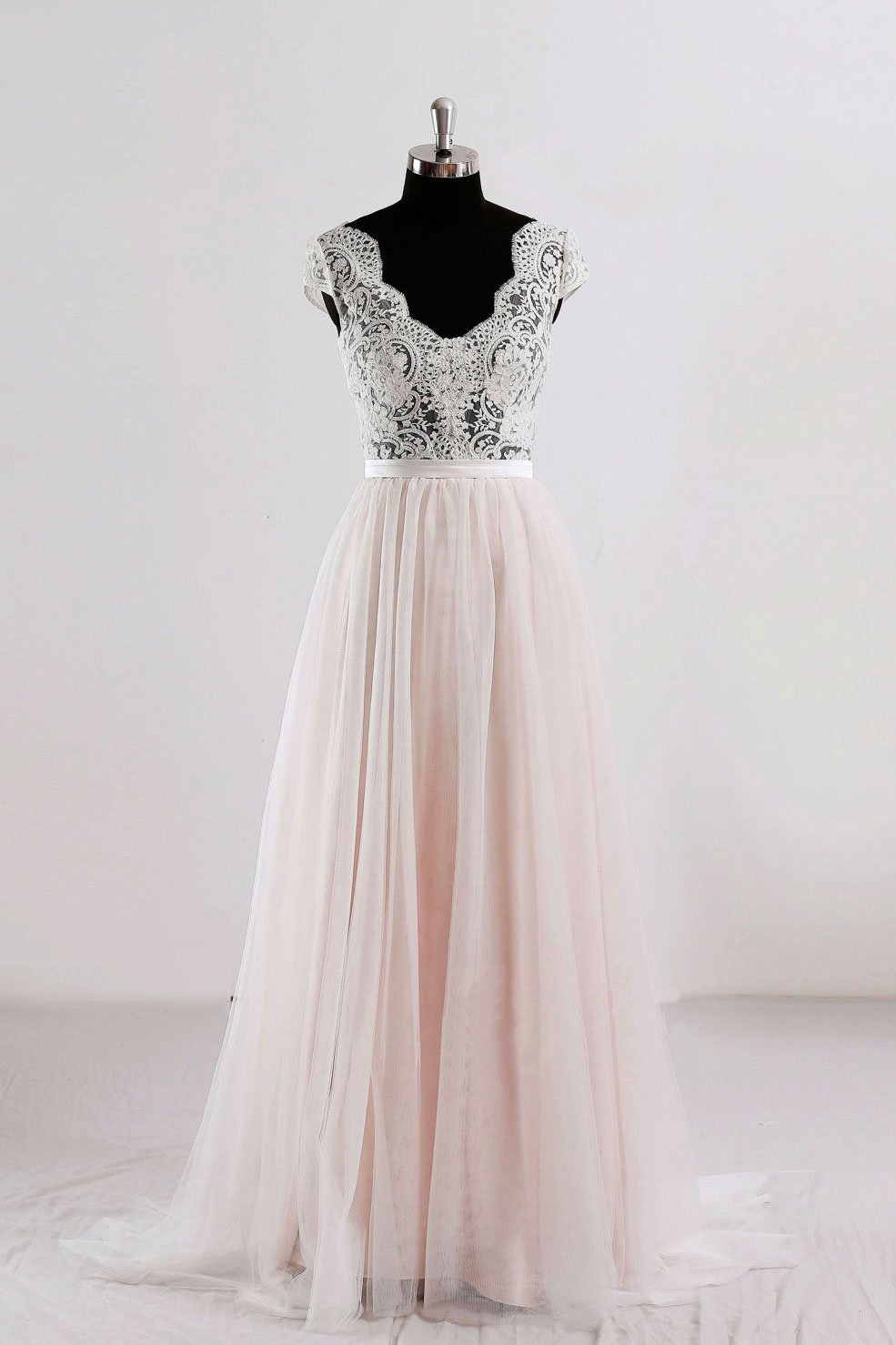 Sexy Cap Shoulder Lace Full Length Prom Dress Evening With Bow Dress ...