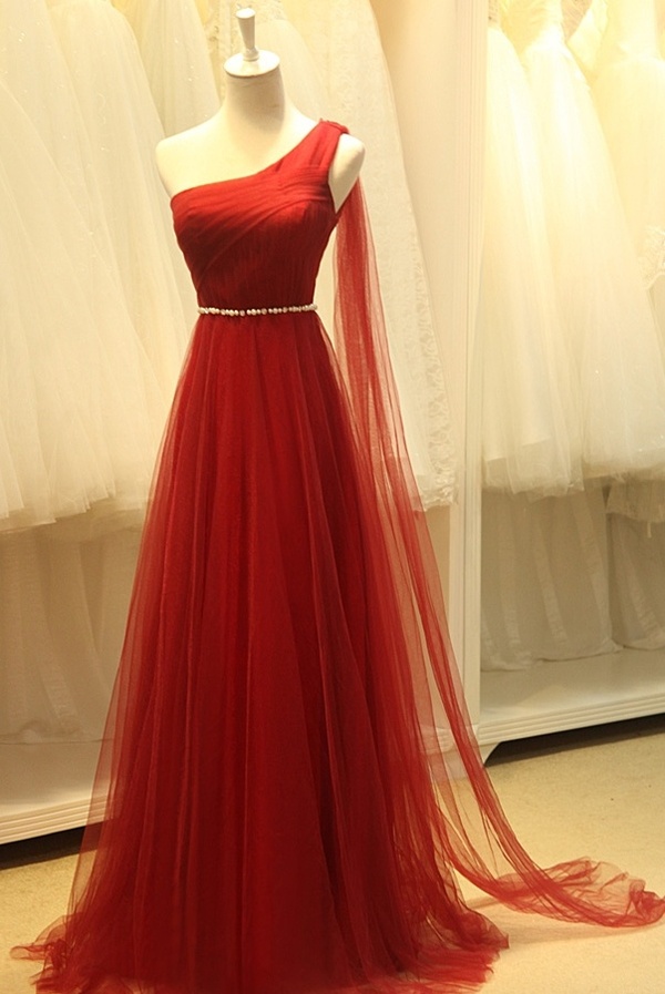 Real Beauty Simple Red Long Prom Dresses,one Shoulder Evening Dresses ...