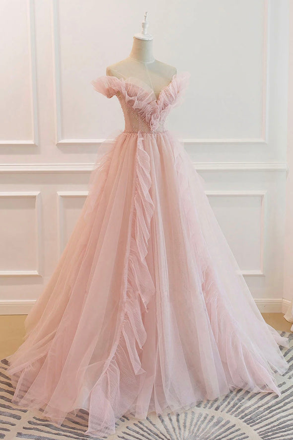 Pink Tulle Strapless Long Prom Dress A Line Evening Dress on Luulla