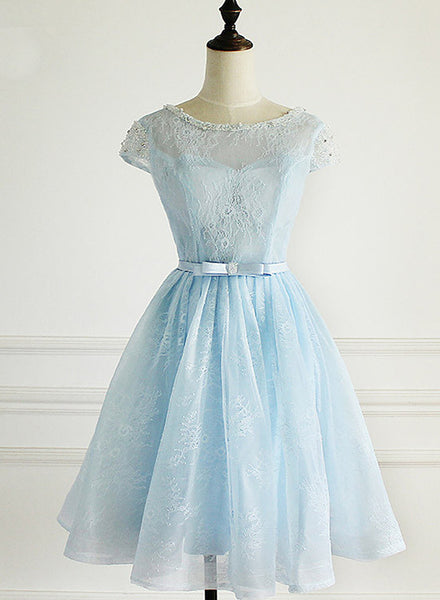 Light Blue Lace Cap Sleeves Cute Short Party Dress, Blue Homecoming ...