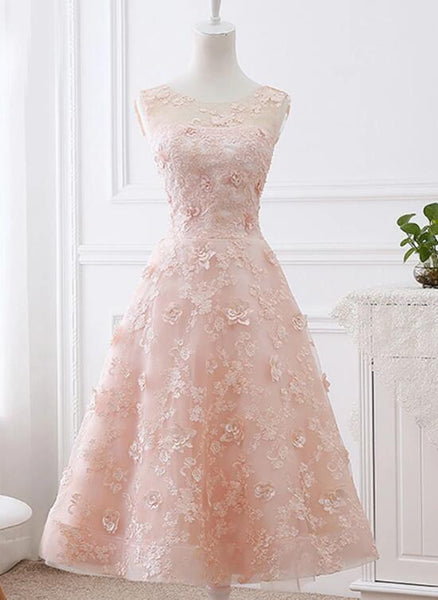 Charming Tea Length Light Pink Lace Wedding Party Dress, Pink Party ...