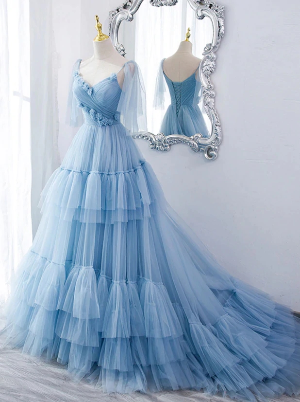 Lovely Light Blue Tulle With Straps Layers Long Formal Dresses, Blue ...