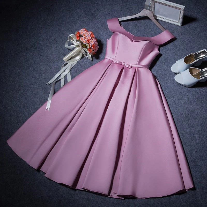Pink Tea Length Satin Simple Bridesmaid Dress, Pink Short Prom Dress ...