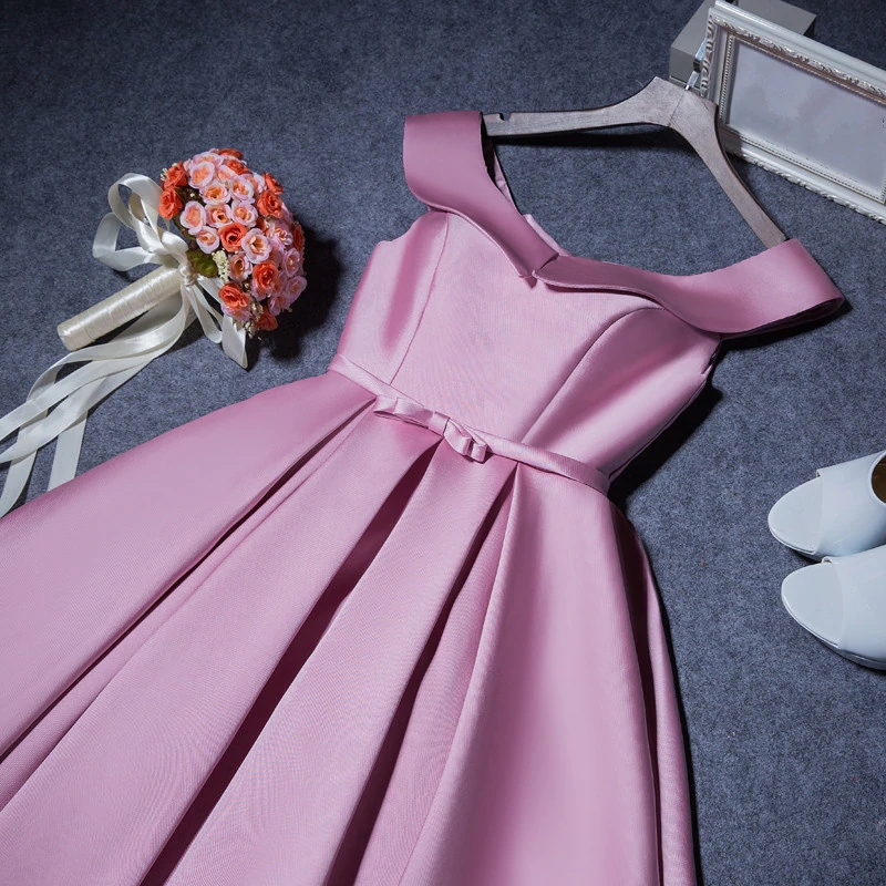 Pink Tea Length Satin Simple Bridesmaid Dress, Pink Short Prom Dress ...
