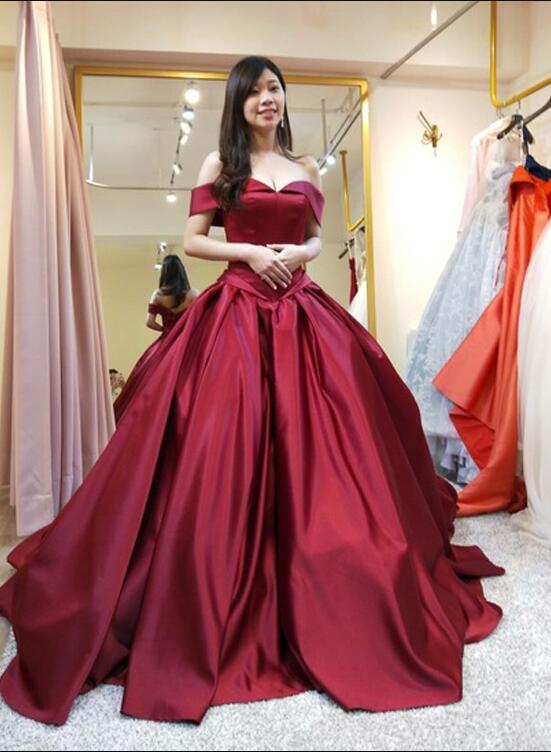 Dark Red Satin Ball Gown Long Sweet 16 Party Dress, Off Shoulder Formal ...