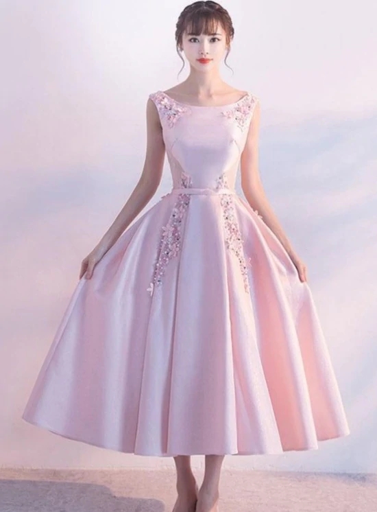 Chic Pink Satin And Lace Bridesmaid Dress With Beadings, Pink Tea ...