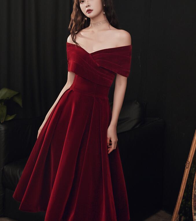 Charming Wine Red Off Shoulder Velvet Tea Length Party Dress, Short ...