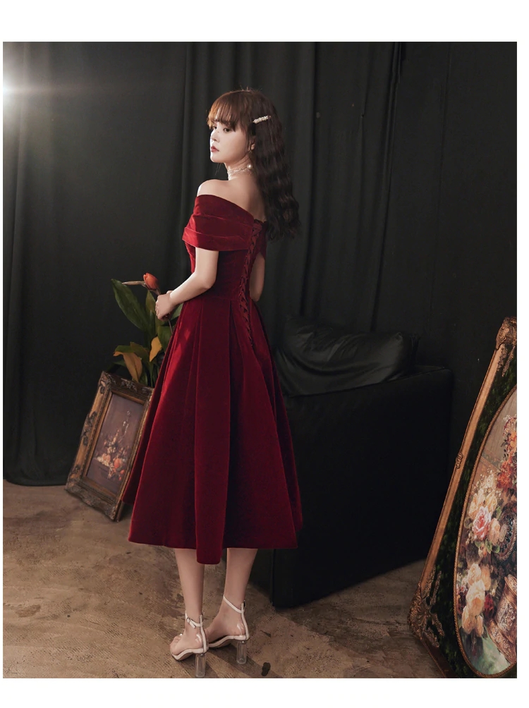 Charming Wine Red Off Shoulder Velvet Tea Length Party Dress, Short ...
