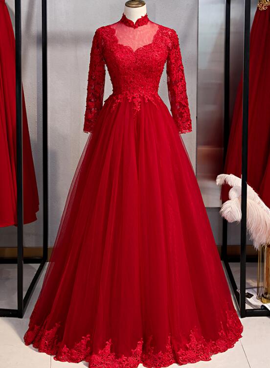 Gorgeous Red Long Sleeves Tulle Prom Dress, Red Formal Gown N066 on Luulla