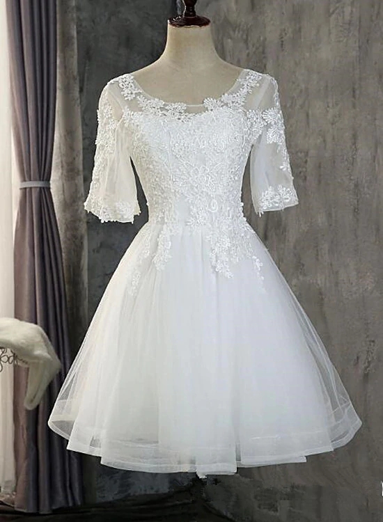Cute White Short Sleeves Tulle With Lace Party Dress, Short Graduation ...