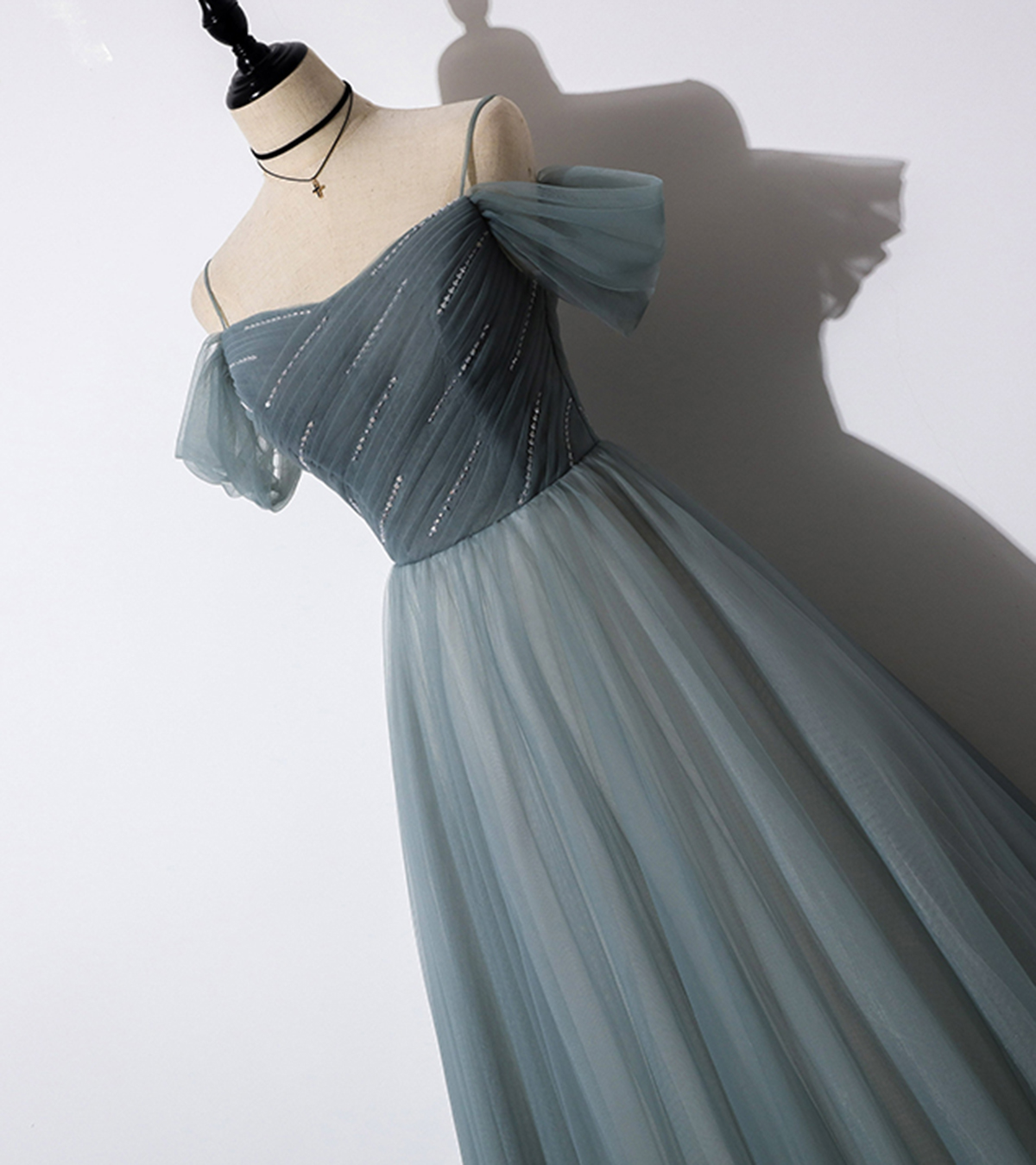 Blue Gray Tulle A Line Evening Dress Sequins Off Shoulder Floor Length ...