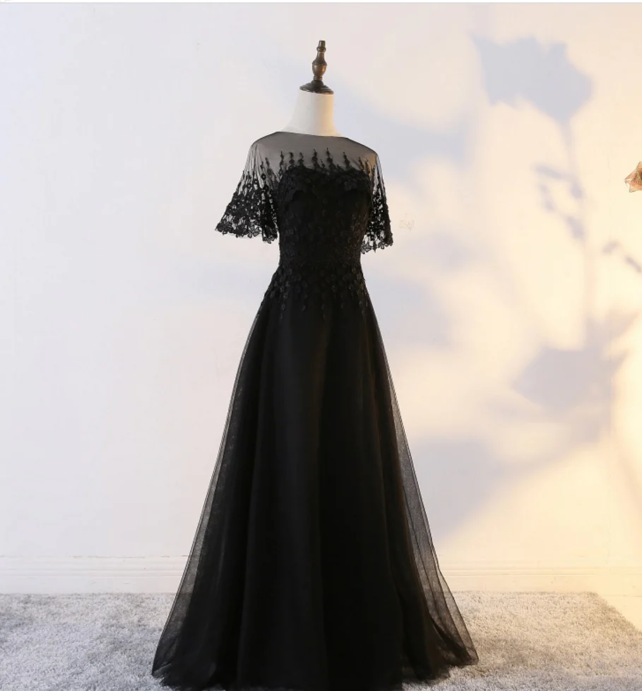 Elegant Black Tulle Lace Applique Evening Dress A-line Floor-length ...