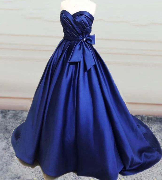 Elegant Blue Strapless A-line Satin Long Ball Gowns With Bow Prom Dress ...