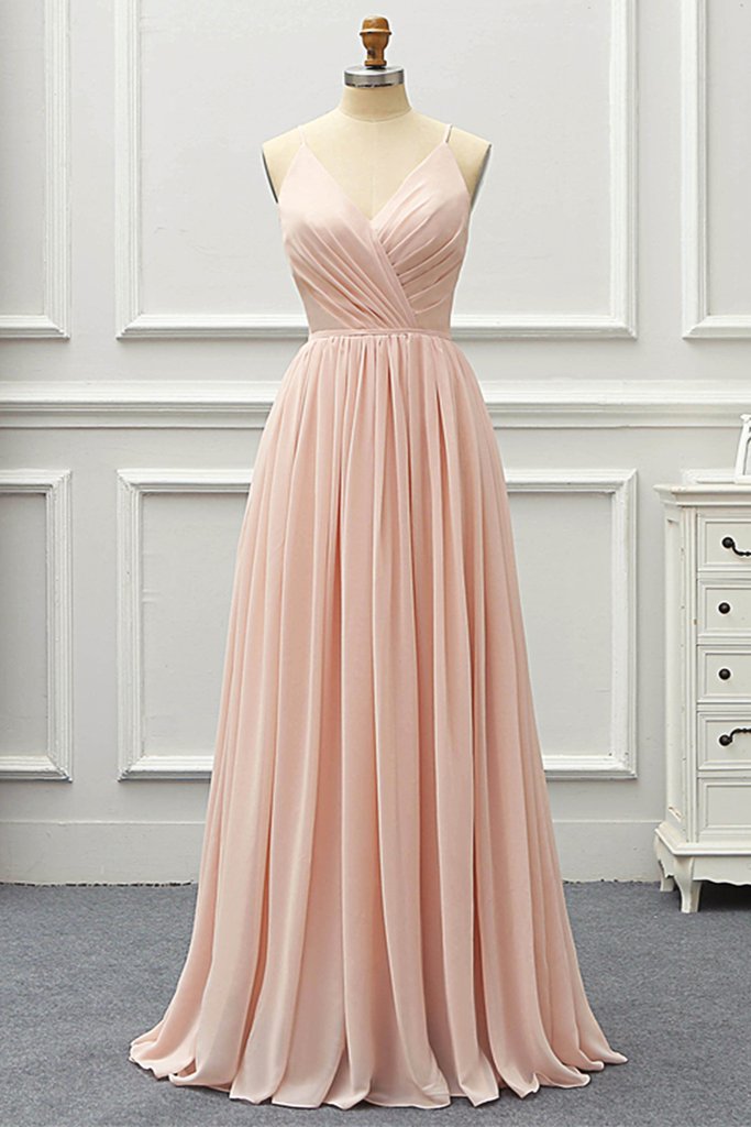 Beautiful Pink Chiffon Strps Long Prom Dress, Pink Bridesmaid Dress ...
