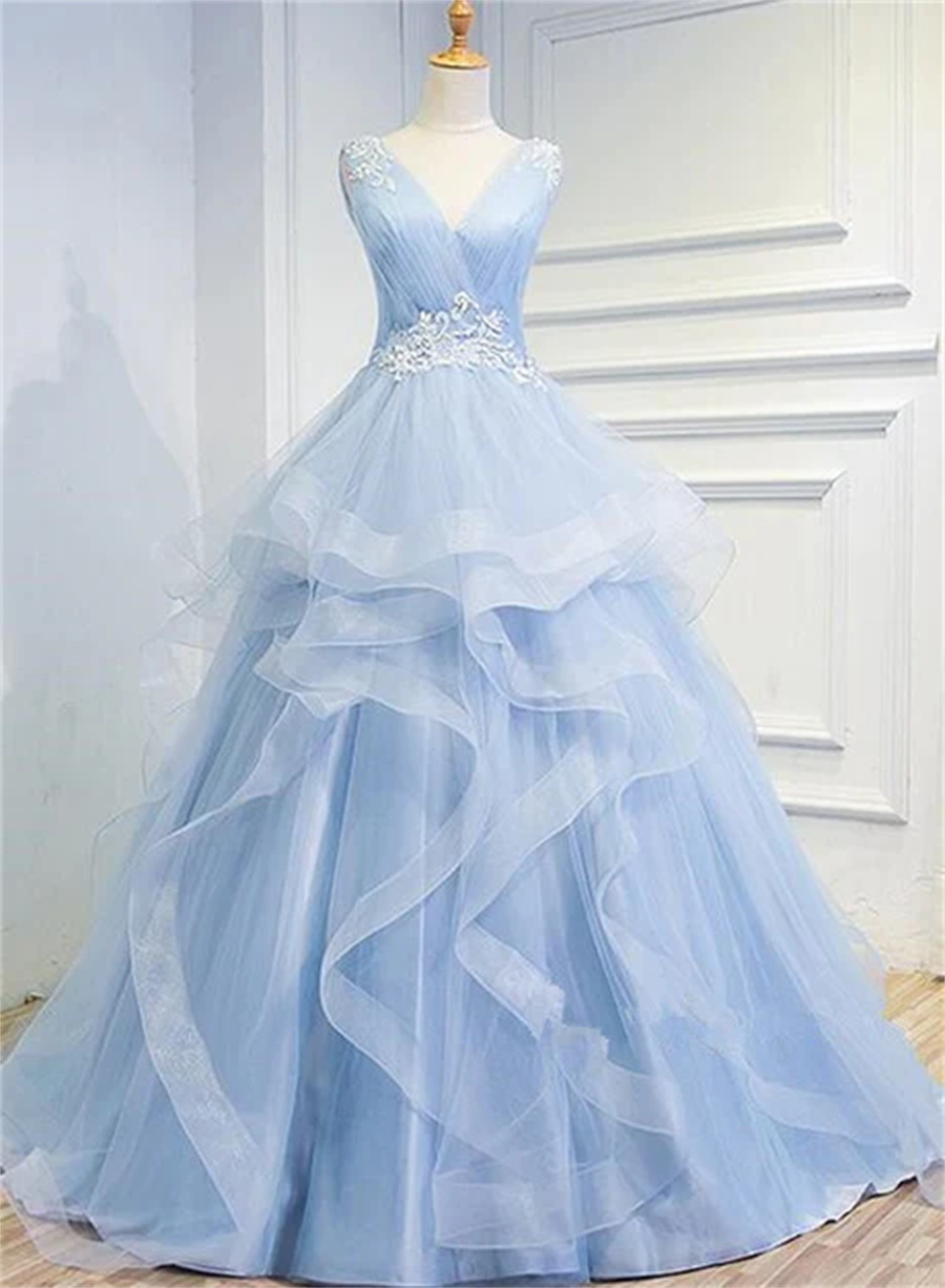 Beautiful Blue Prom Dresses V-neck Ball Gown Sweep Train Party Dress ...