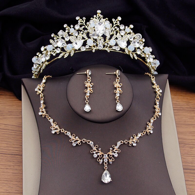 OK163 Silver Crystal Bridal Tiara Necklace Set