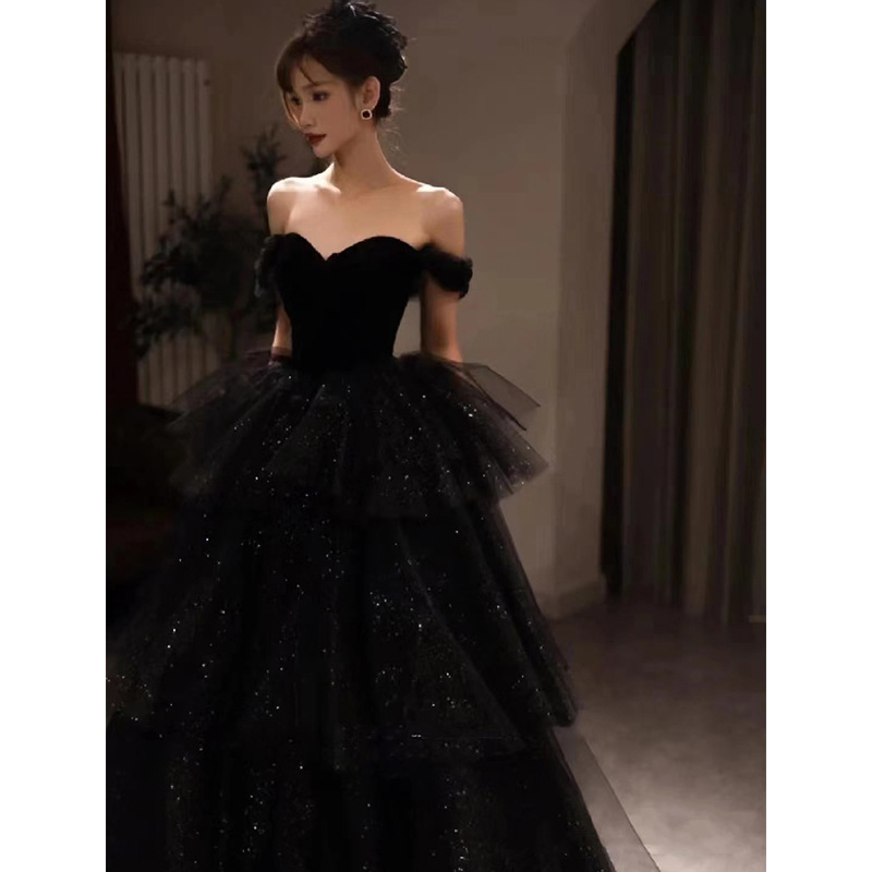 Black Off The Shoulder Ball Gown Full Length Prom Dress Evening Dress ...