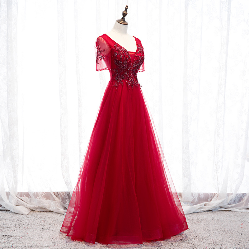 Red Short Sleeve Applique Full Length Prom Dress Evening Dress Sa1890 ...