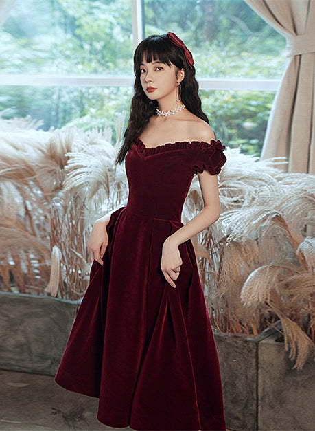 Wine Red Off Shoulder Velvet Tea Length Party Dress Formal Prom Dress ...