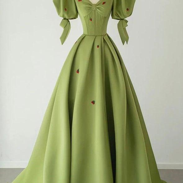 Cute Strawberry Short Sleeve Long Prom Dress Green Evening Gown With ...