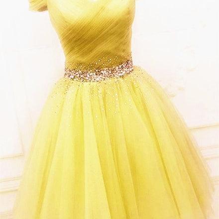 Lovely Light Yellow Short Tulle Off Shoulder Homecoming Dress, Yellow ...