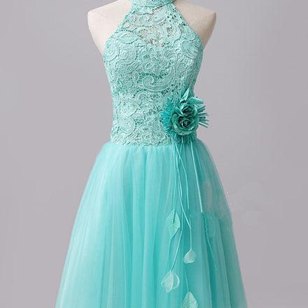 Cute Mint Halter Lace Flowers Homecoming Dresses, Short Prom Dress ...