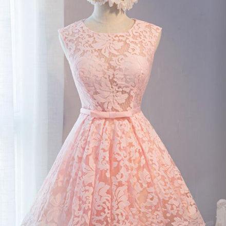 Pink Lace Knee Length Party Dress, Homecoming Dress Short Prom Formal ...