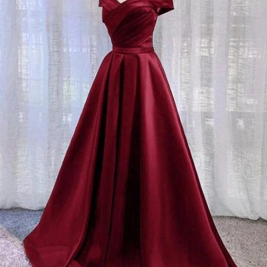 Wine Red Floor Length Off Shoulder Wedding Party Dress, Dark Red Prom ...