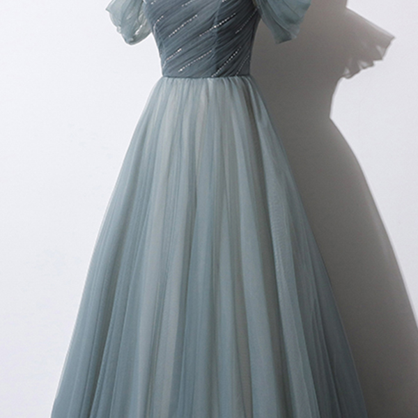 Blue Gray Tulle A Line Evening Dress Sequins Off Shoulder Floor Length ...
