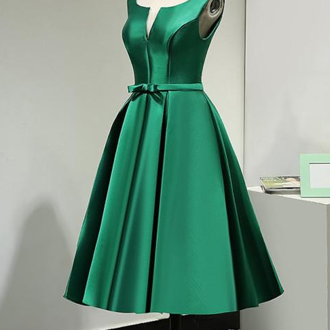 Hand Made Custom Green Satin Tea Length Bridesmaid Dress, Lovely ...
