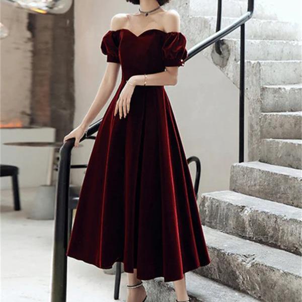 Wine Red Velvet Tea Length Off Shoulder Party Dress Wine Red Bridesmaid ...