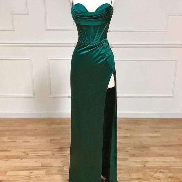 Green Satin Straps Long Evening Dress With Leg Slit Prom Dress Sa1128 ...