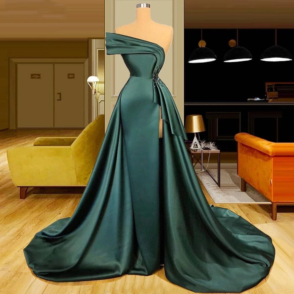 Graduation Robes Long Dark Green Satin Evening Dresses Elegant Ruched ...