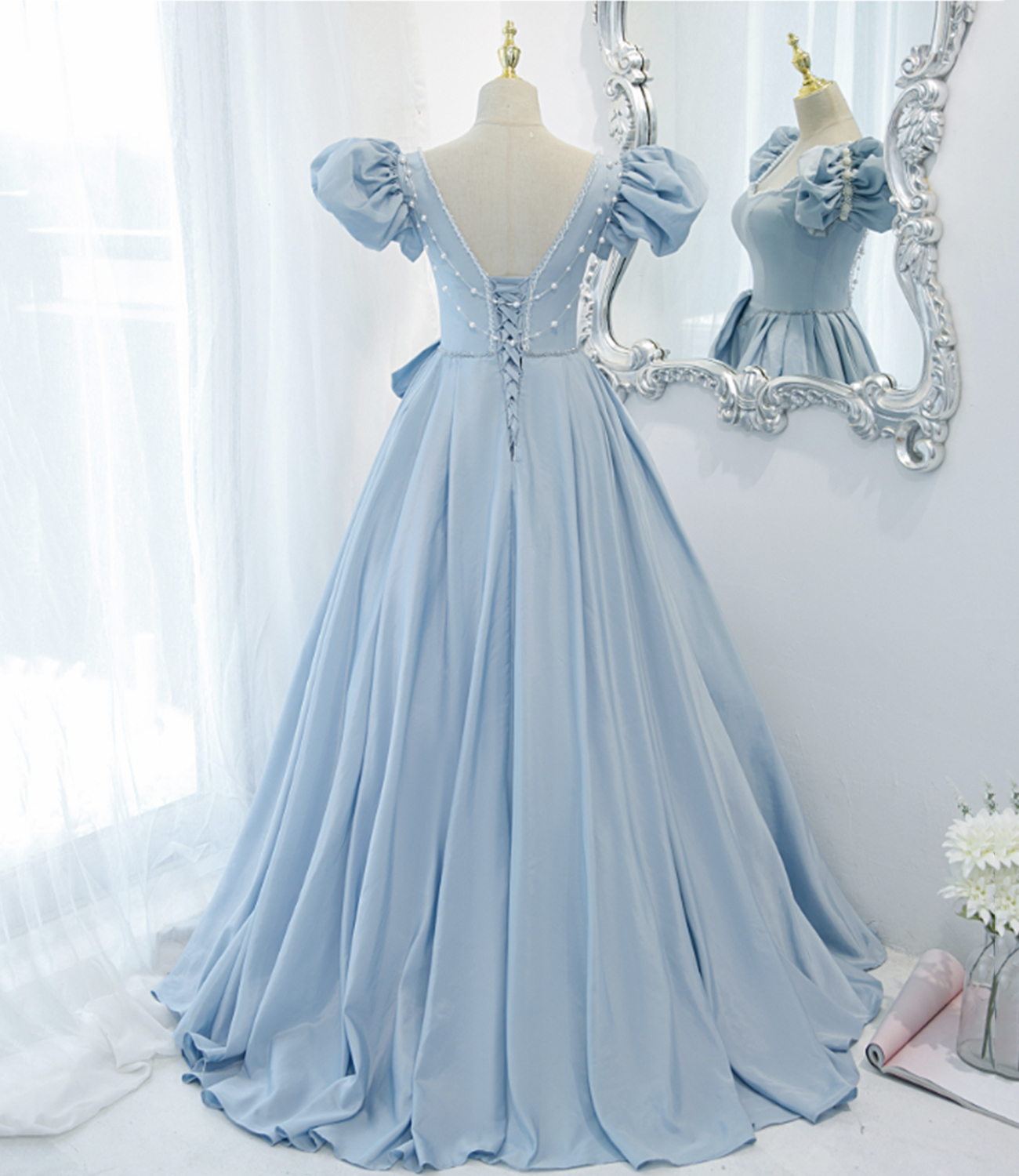 Blue Saitn Long A Line Cap Sleeve Prom Dress Blue Evening Dresses on Luulla