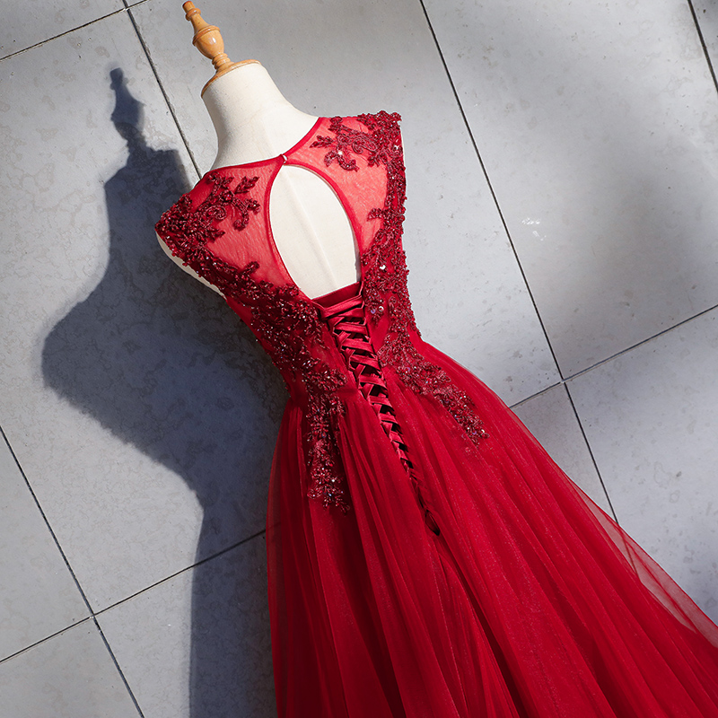 Red Prom Dress Eveing Dress Lace Applique Beading Full Length Formal ...