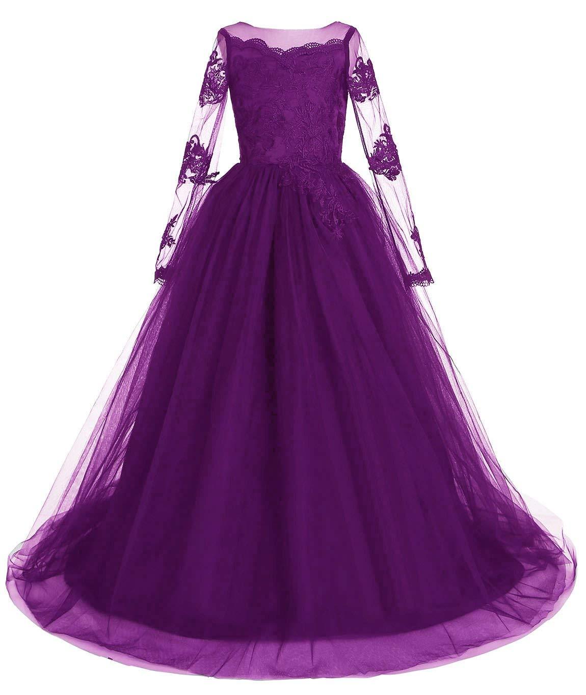 Lace Long Sleeve Full Length Pageant Gown Long Tulle Prom Dress Evening ...
