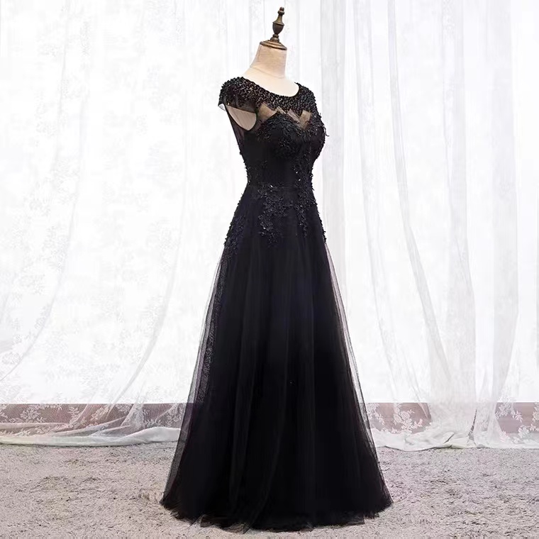Full Length Prom Dress Black Dress Formal Evening Dress Lace Applique ...