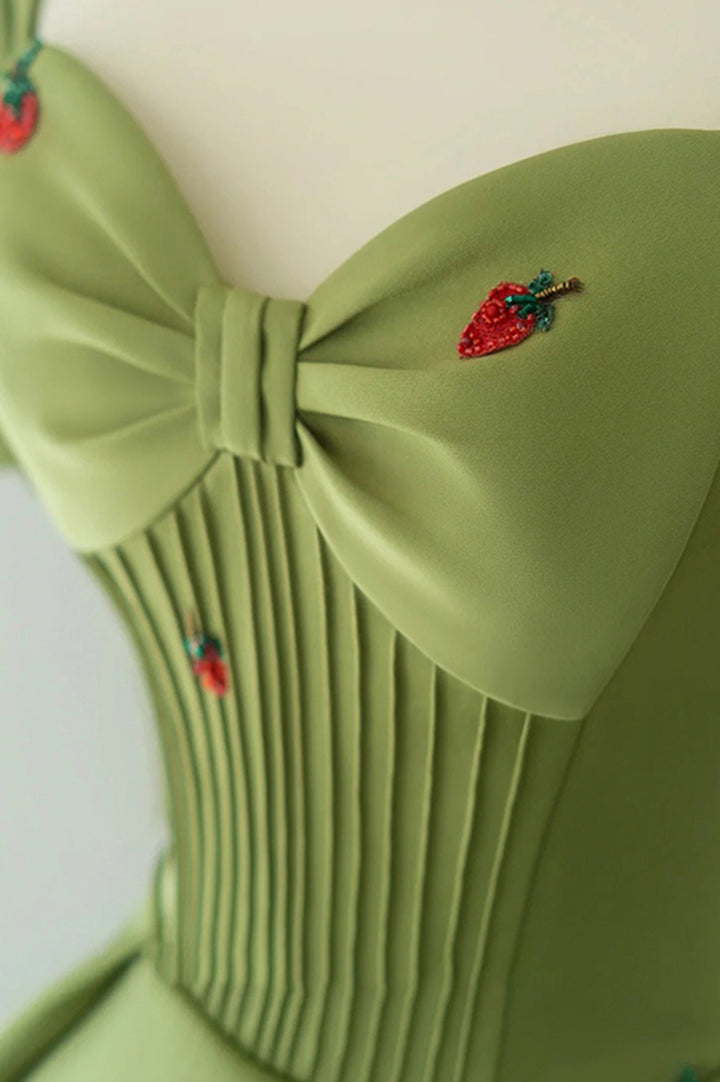Cute Strawberry Short Sleeve Long Prom Dress Green Evening Gown With ...